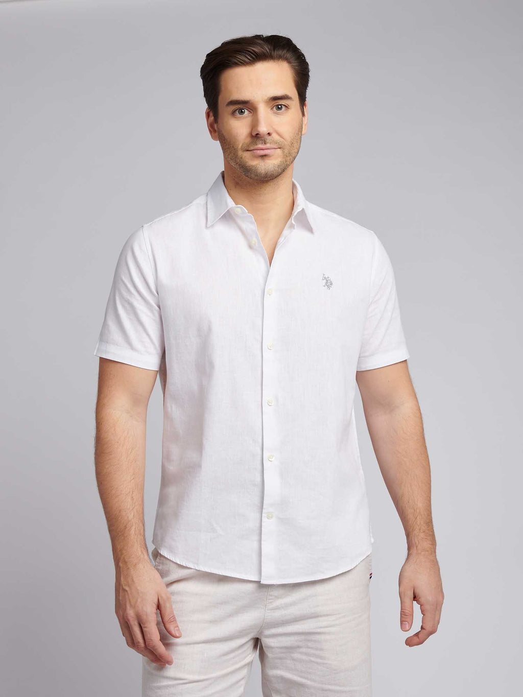 Mens Linen Blend Short Sleeve Shirt in Bright White / Harbour Mist – U ...