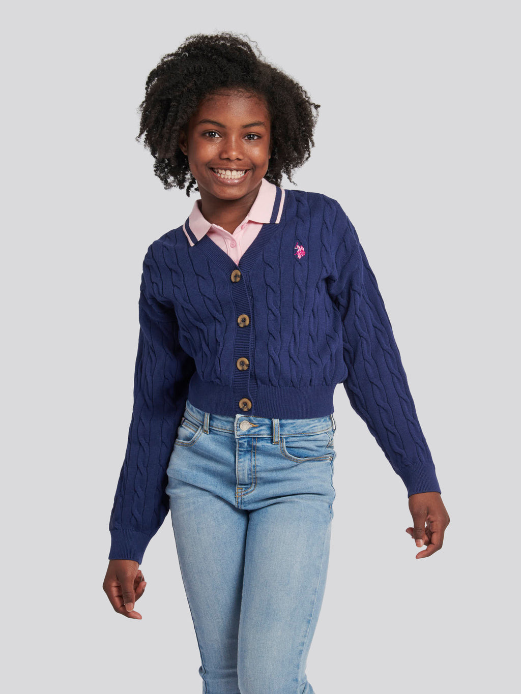 Girls Cable Knit Cardigan in Medieval Blue – U.S. Polo Assn. UK