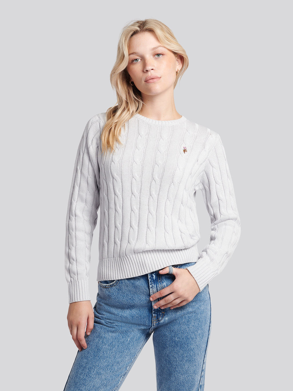 Womens Crew Neck Cable Jumper in Arctic Ice – U.S. Polo Assn. UK